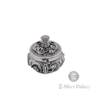 Oxidised Silver Fancy Design & Ruby Stone Sindoor Box - Silver Palace