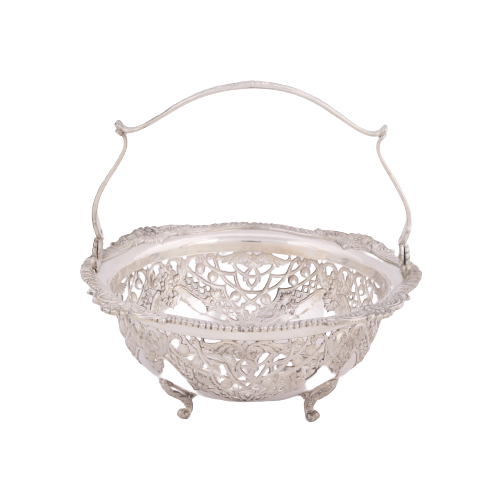 Silver Fancy Flower Basket With Handle - Silver Palace