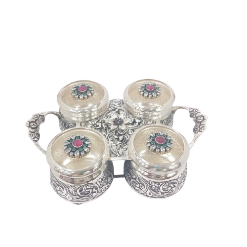 925 Oxidised Silver Dry Fruit Box 4 Partition - Silver Palace