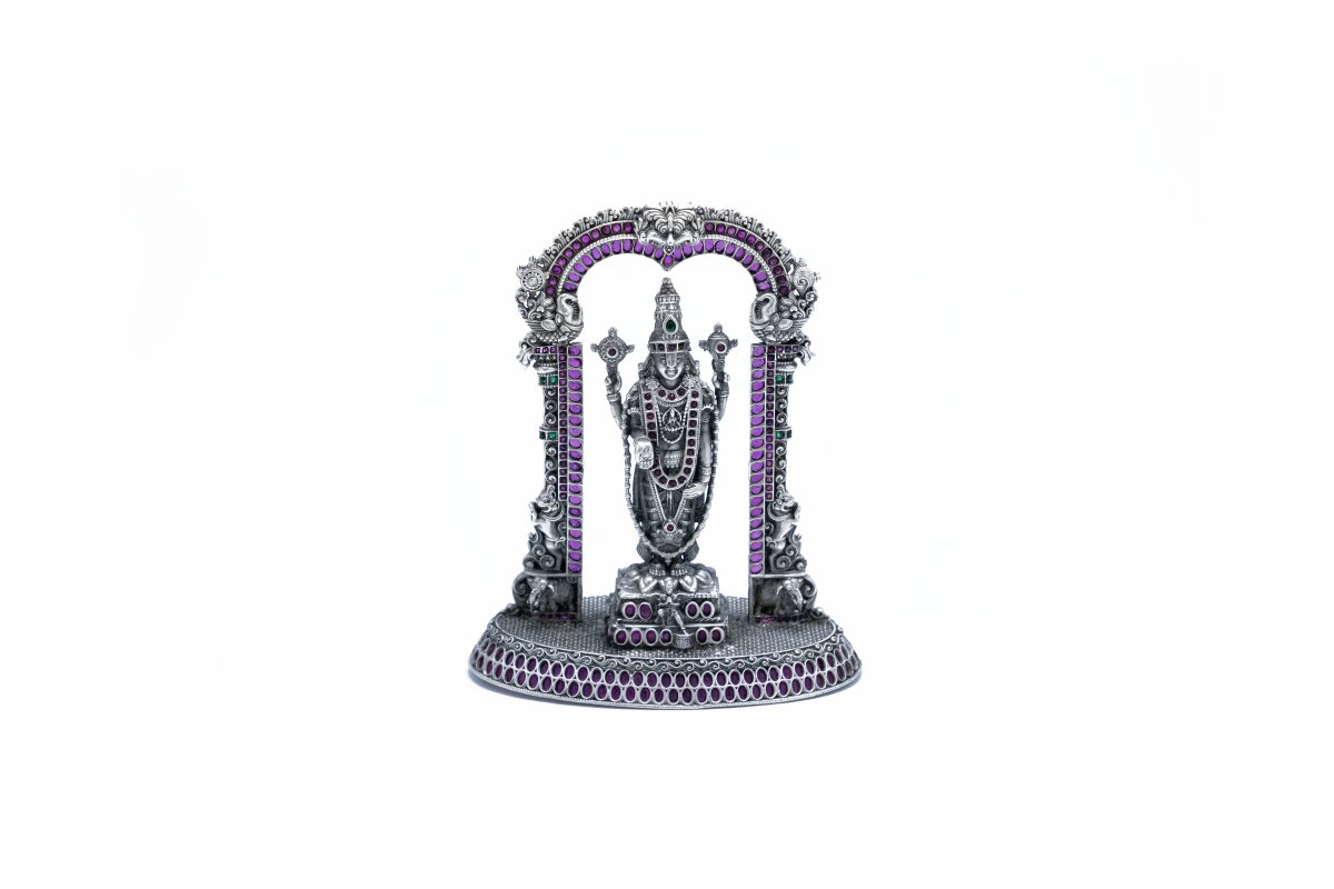 Lord Balaji Statue For Pooja In Pure Silver With Red Stones - Silver Palace