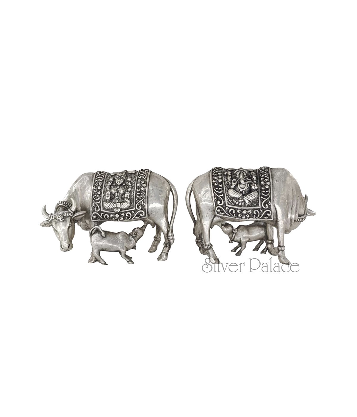 Oxidised Silver Lakshmi Ganesh Designed Cow And Calf Statue - Silver Palace