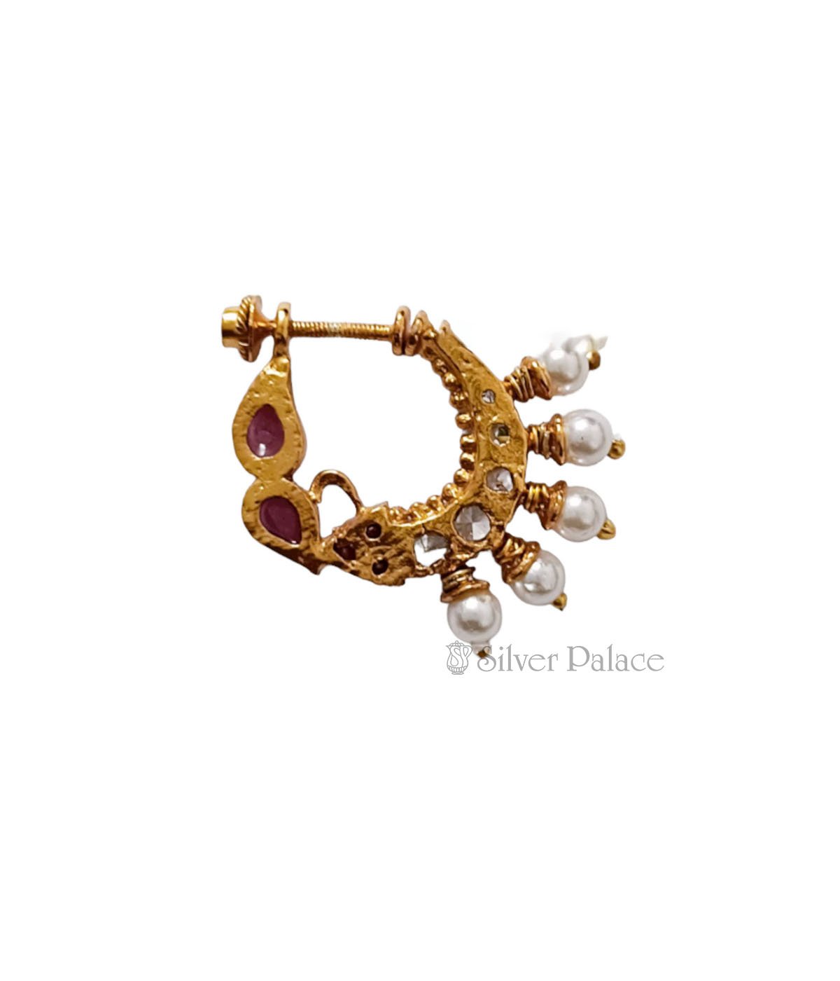 92.5 Gold Polished Ruby Studed Nose Ring - Silver Palace