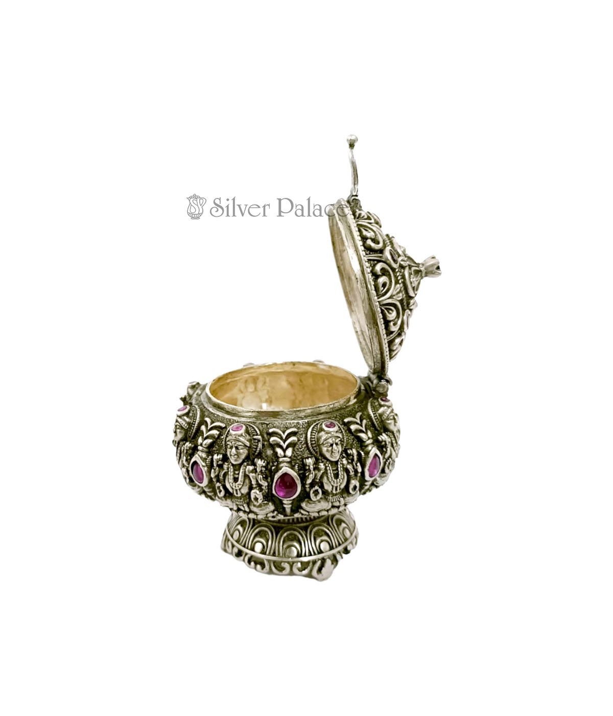 Oxidised Silver Lakshmi Design Ruby Studed Sindoor Box - Silver Palace