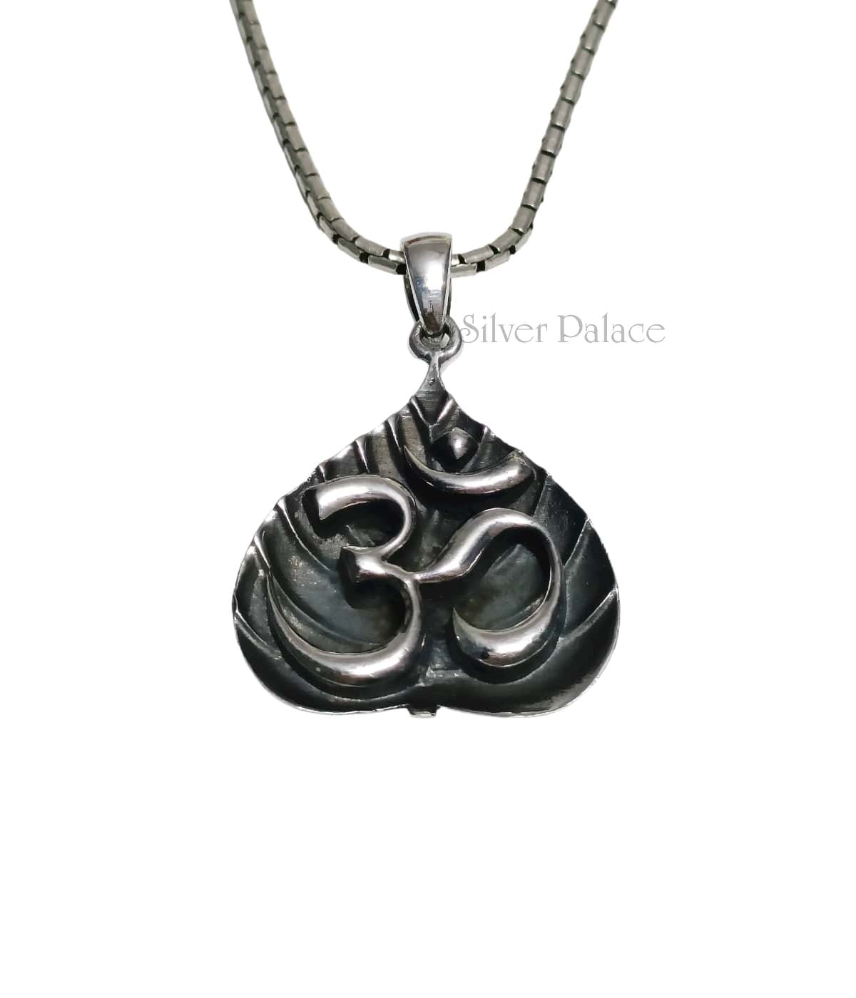 Oxidised Silver Om In Leaf Pendant - Silver Palace