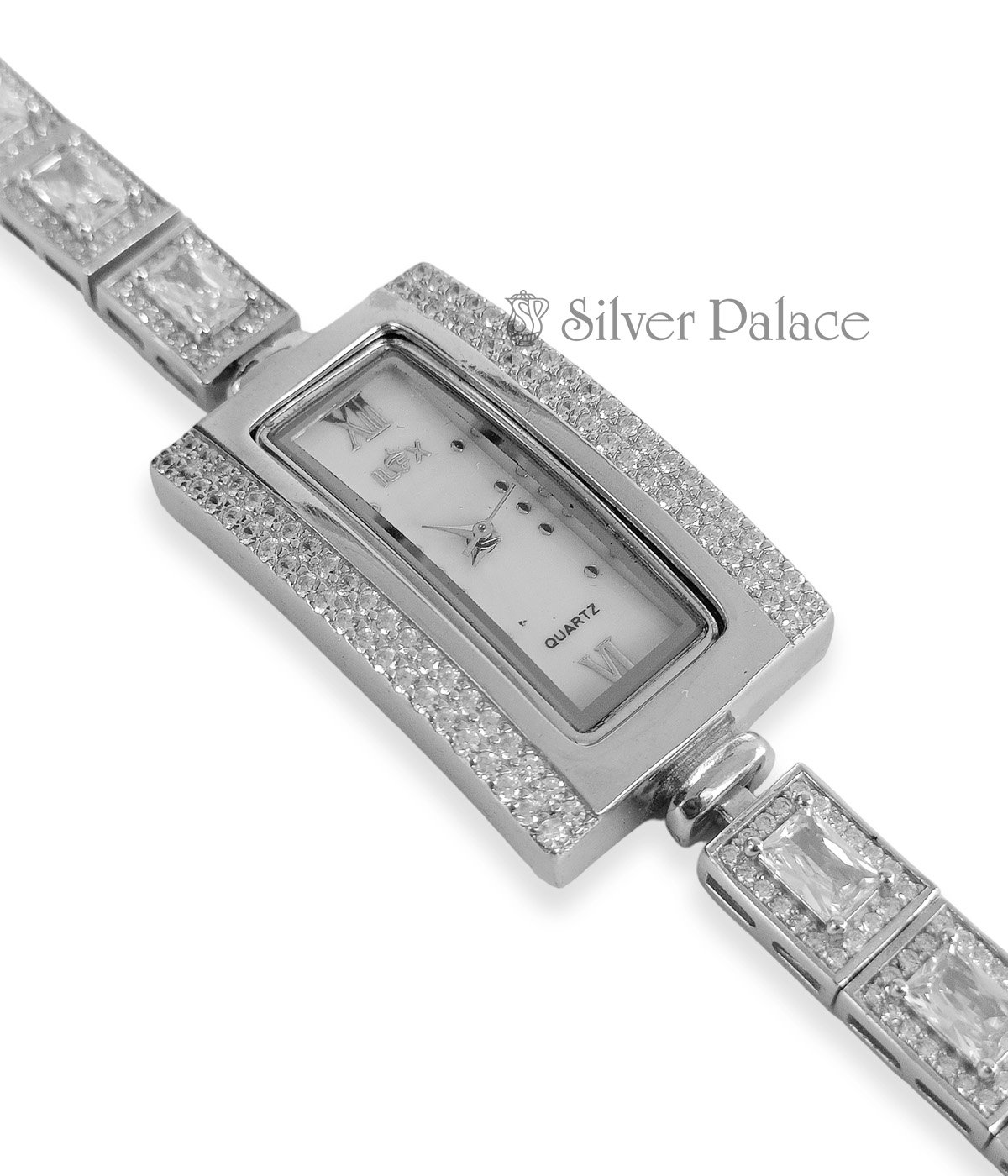 92.5 Sterling Silver Rectangular Dial Stone Studed Adjustable Strap ...