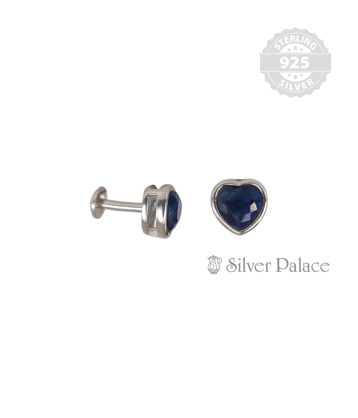 92.5 Sterling Silver Heart Shape Blue Stone Stud - Silver Palace