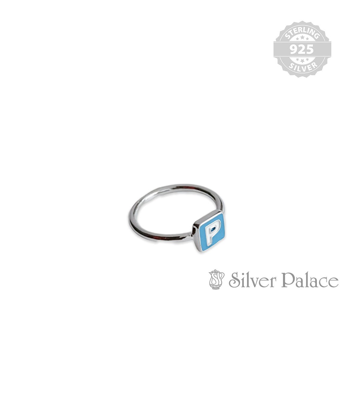 92.5 Sterling Silver Light Blue Enamel Coated P Initial Kids Ring ...