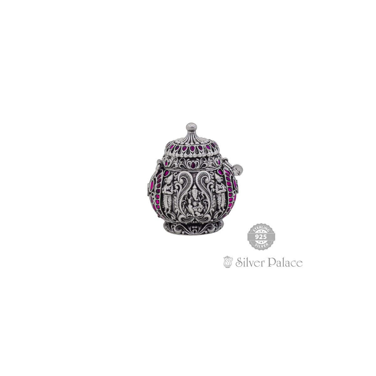 Pure Silver Ganeasha Design Ruby Stone Sindoor Box - Silver Palace