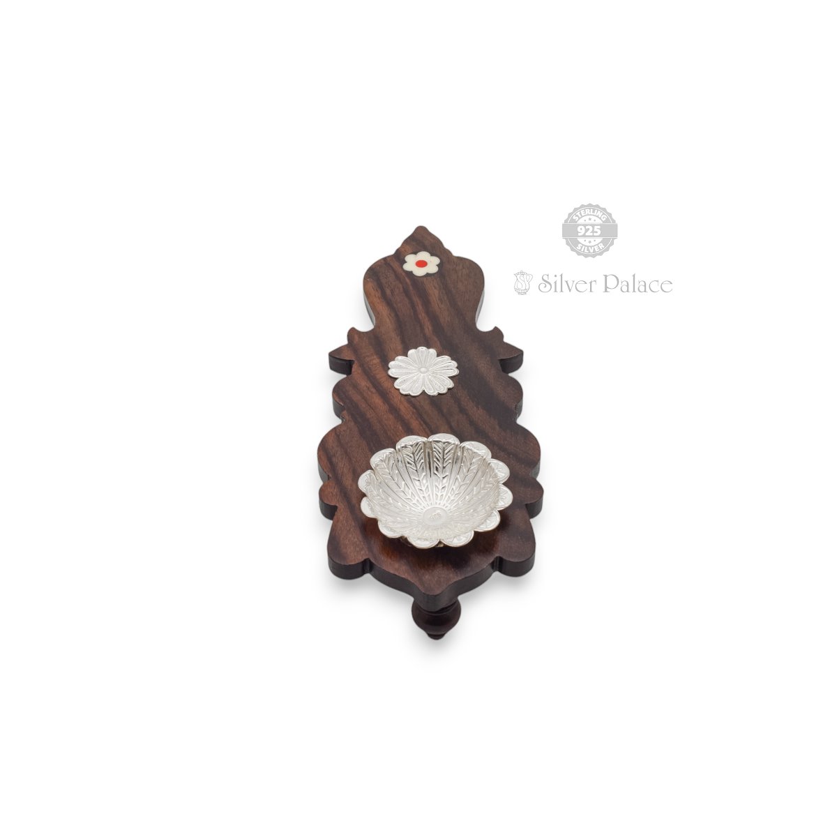 925 Pure Silver Flower Design Arthi Stand With Rose Wood Base - Silver ...