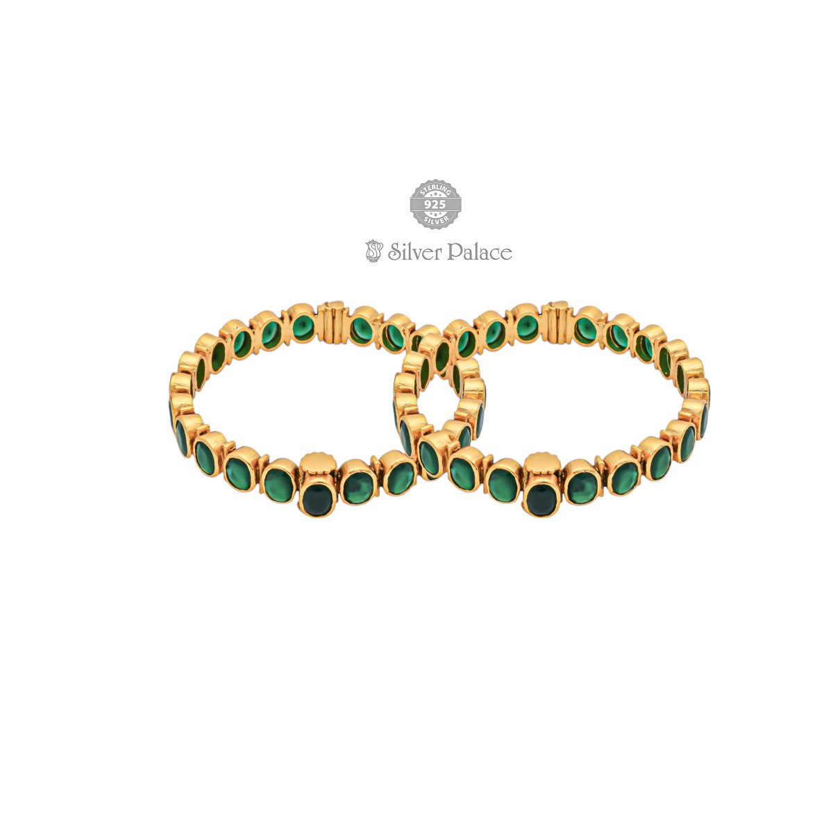 925 Silver Gold Polished Green Stone Bangles For Womens Anite ...