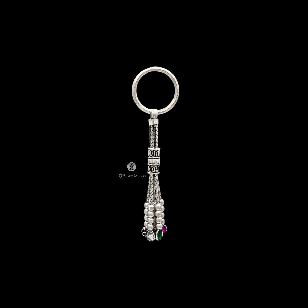 925 Antic Silver Cut Stone With Silver Beads Hanging Key Chain - Silver ...