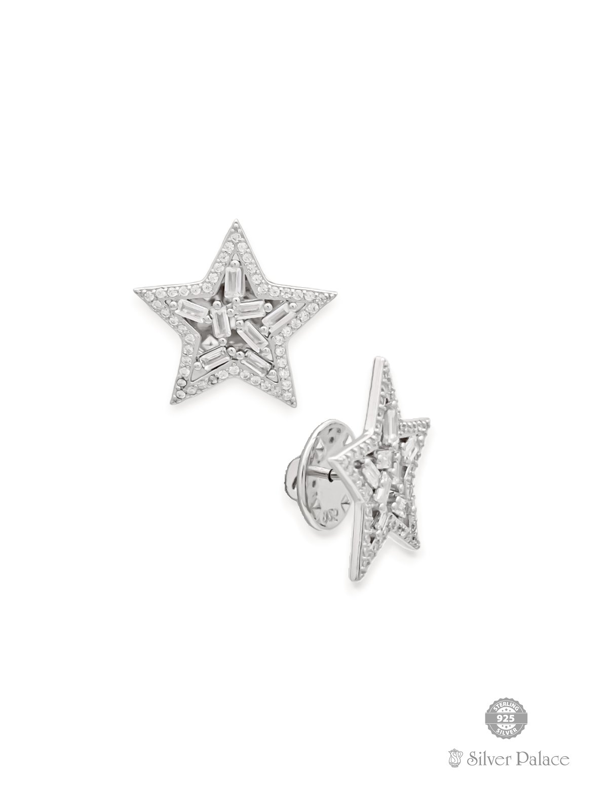 925 Sterling Silver Star Design With Cz Stones Collar Button - Silver ...