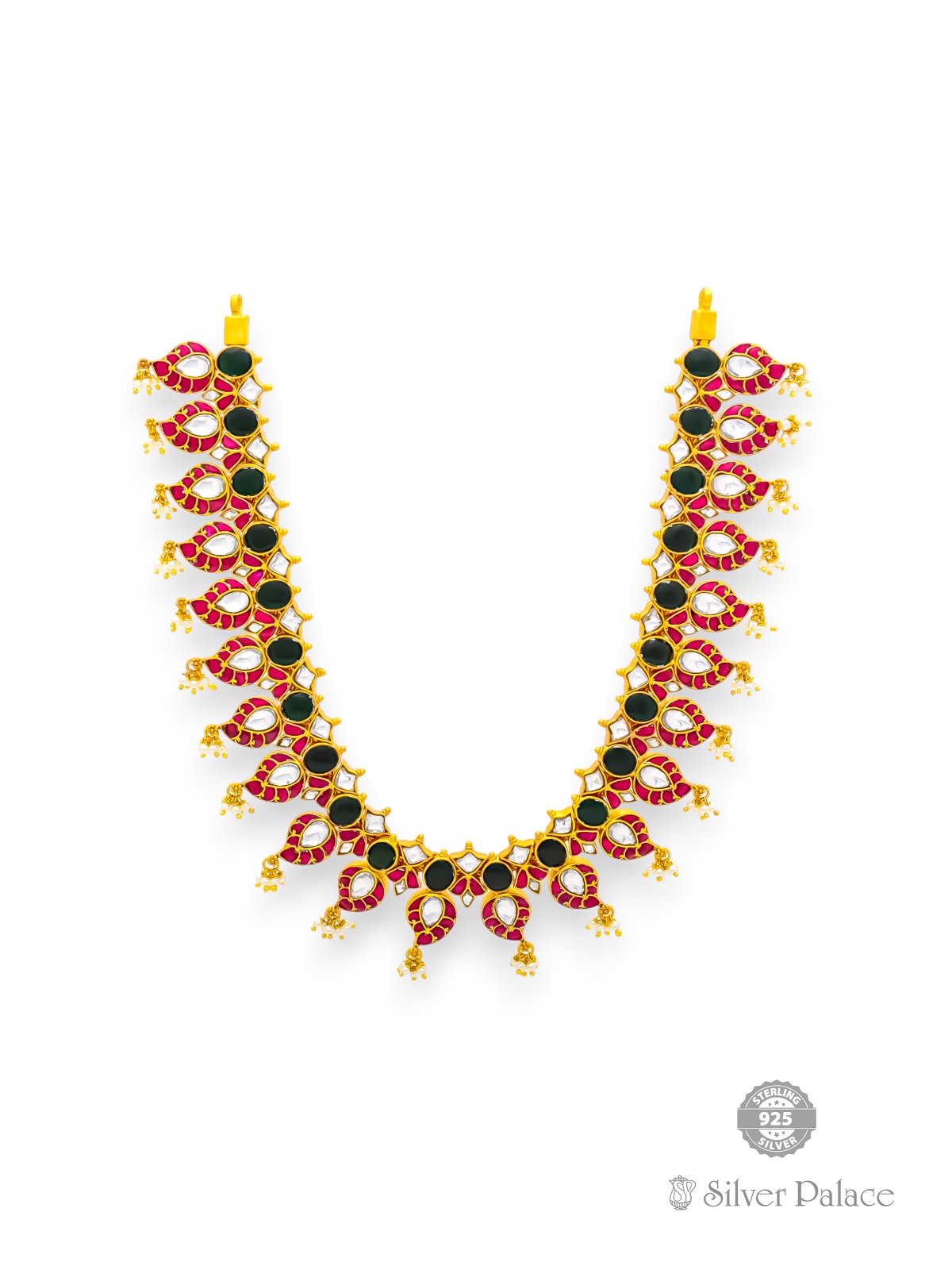 925 Silver Gold Polished Cut Stone With Beads Design Necklace For Women ...