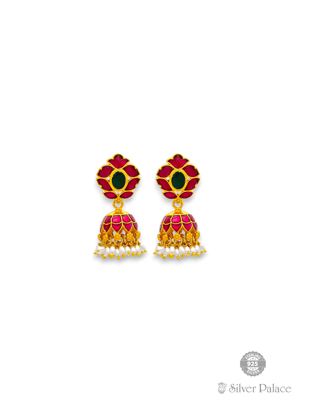 925 Silver Gold Polished Pink & Green Stone Jhumka For Girls Anite ...