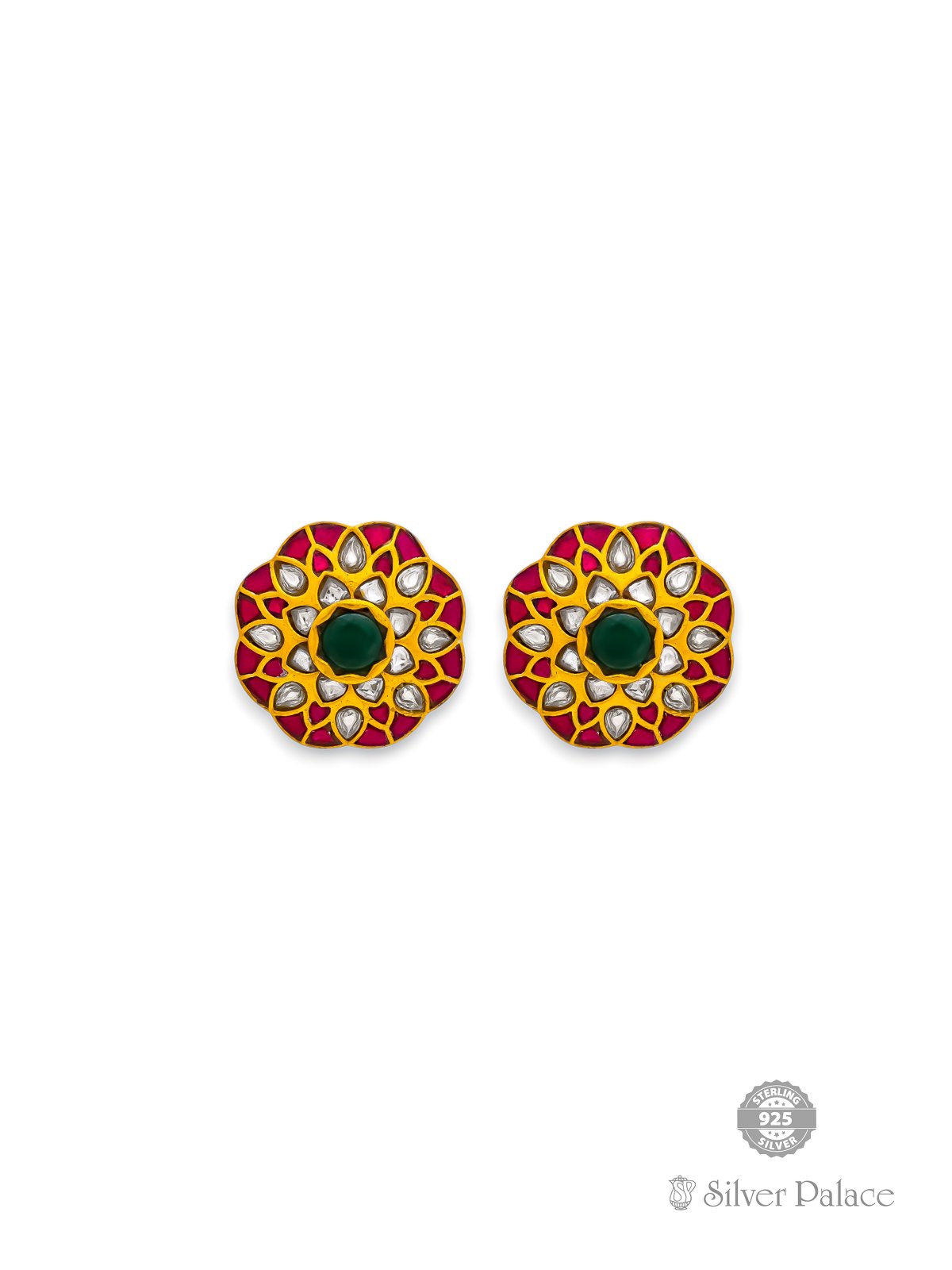 925 Silver Gold Polished Floral Design Cut Stone Earring For Women ...