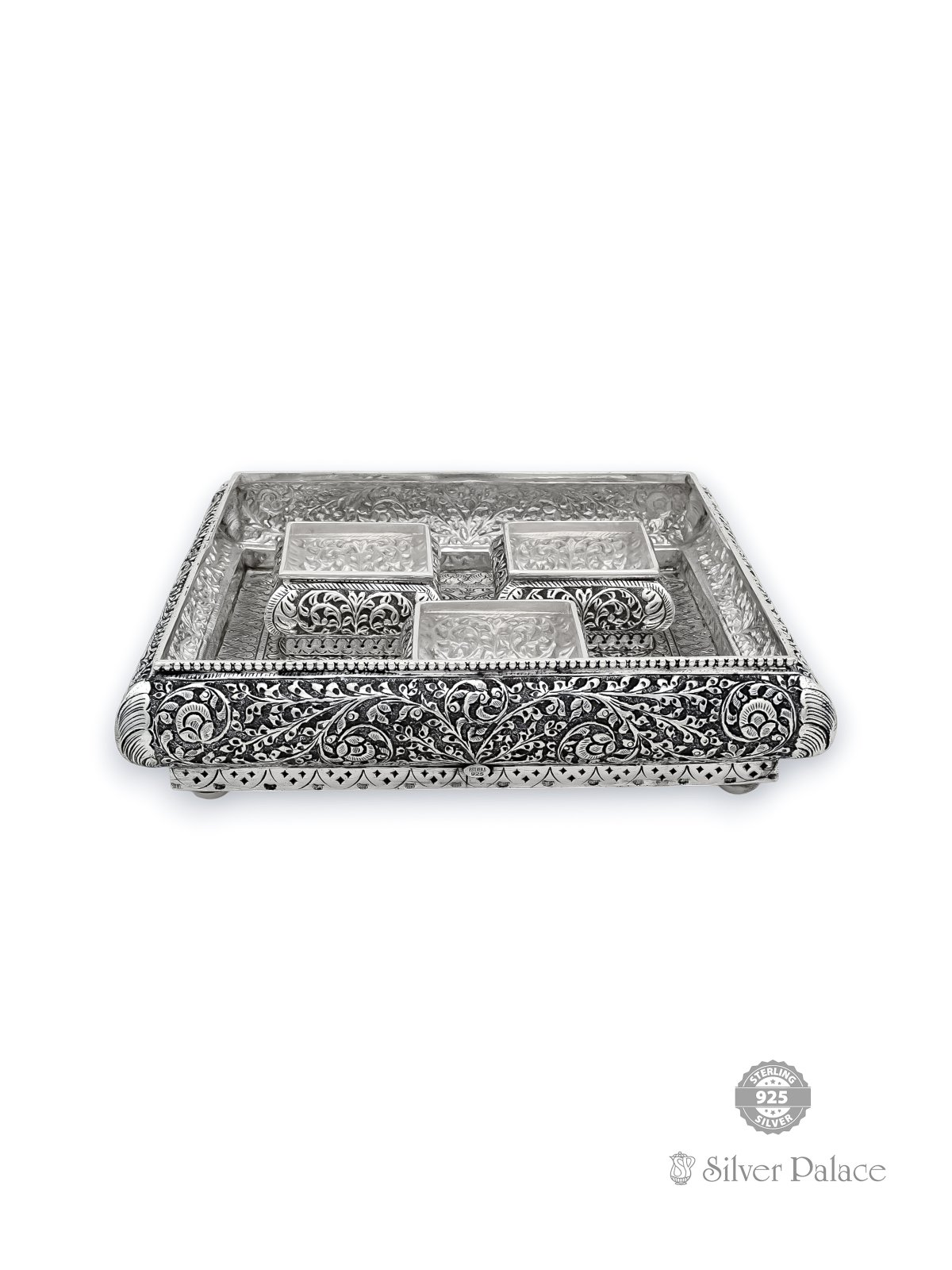 925 Oxidised Silver Floral Design Square Type Plate Set For Gifts ...