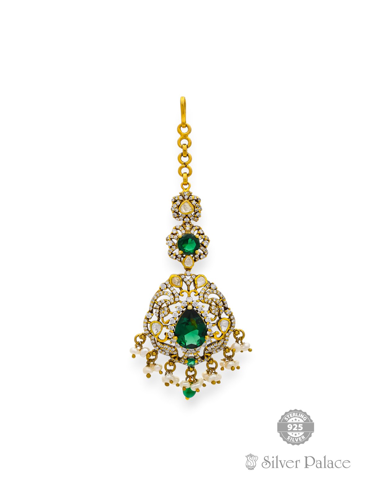 925 Silver Gold Polished Victorian Design With Green Stone Netthi ...