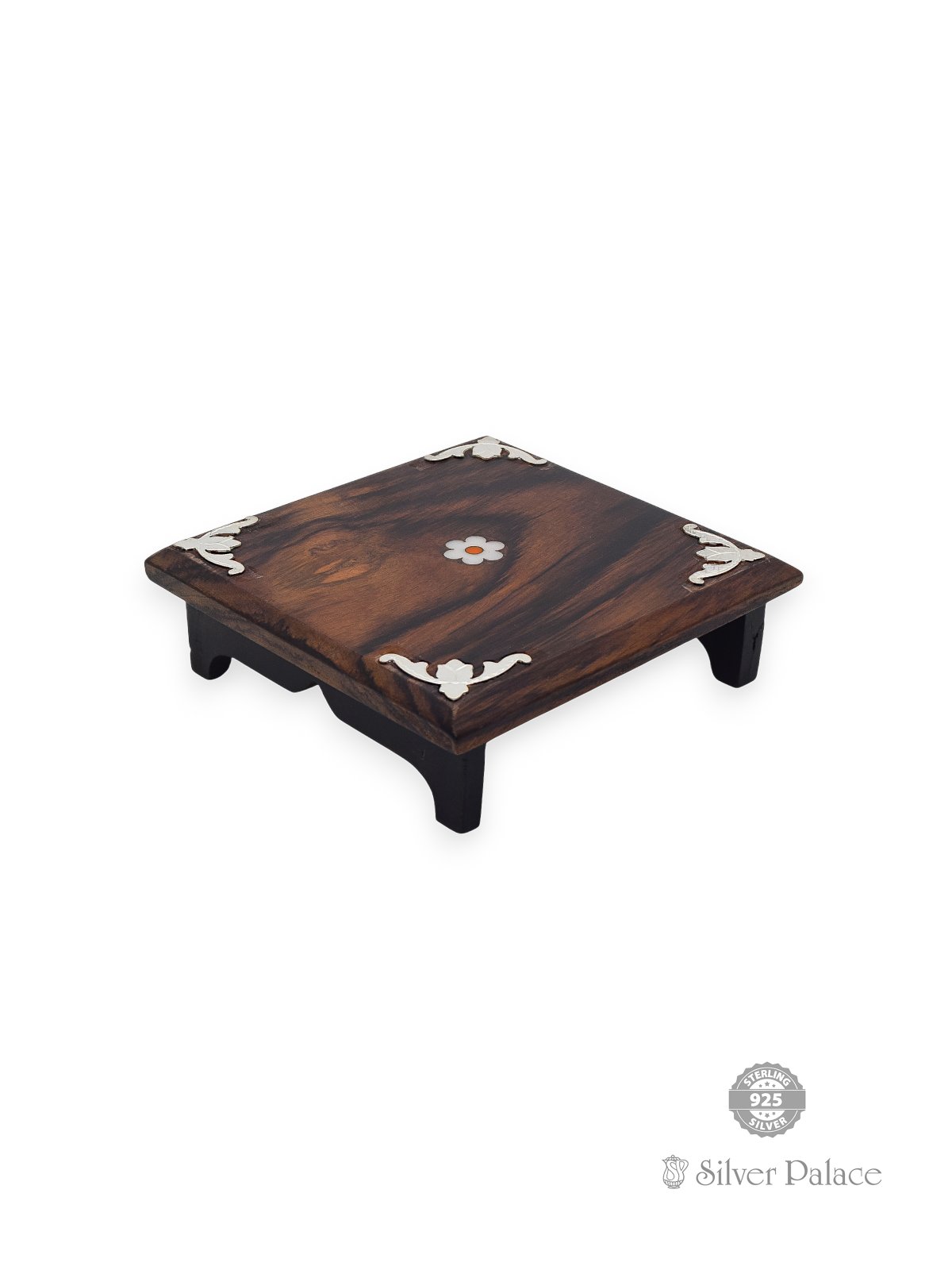 Wood Peedam With 925 Silver Decorations For Pooja Room - Silver Palace