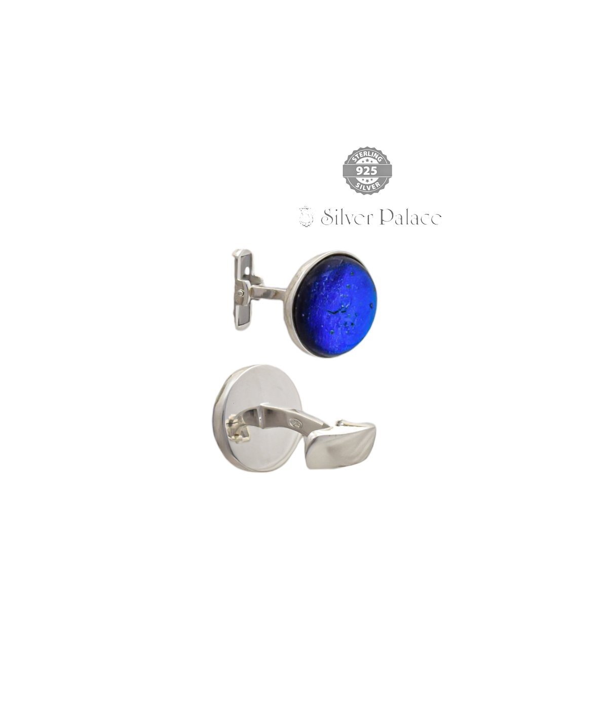 925 Pure Sterling Silver Blue Stone Cufflink For Men - Silver Palace