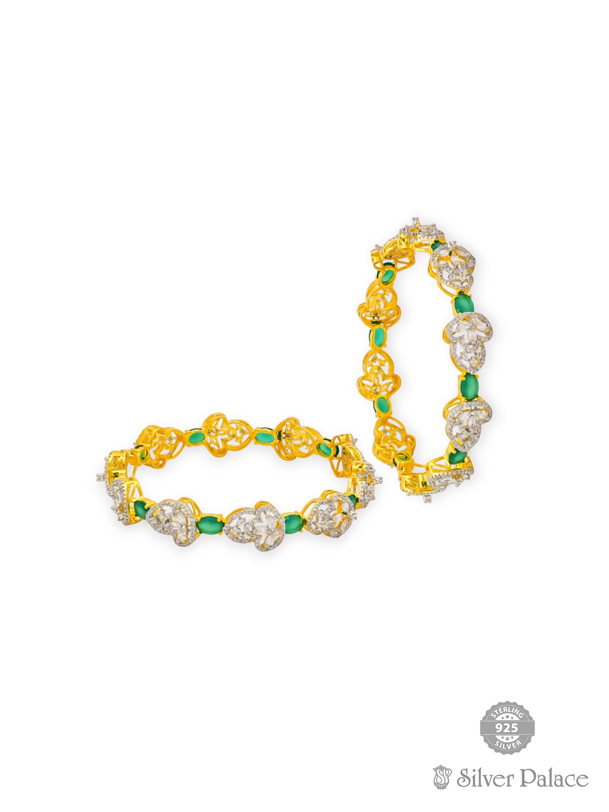 925 Silver Gold Polished Green Stone Bangle For Ladies Anite Collection ...