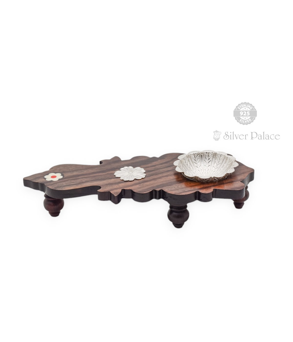 925 Pure Silver Flower Design Arthi Stand With Rose Wood Base - Silver ...