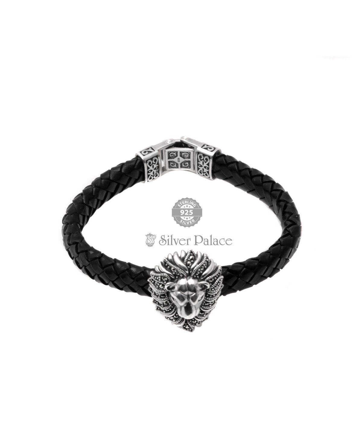 92.5 Silver Lion Head Braided Leather Bracelet For Men - Silver Palace