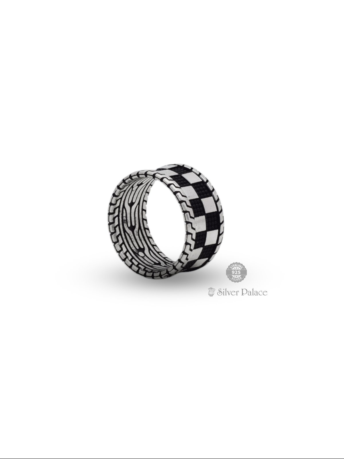 925 Oxidised Silver Checkered Ring For Mens Maan Collection - Silver Palace