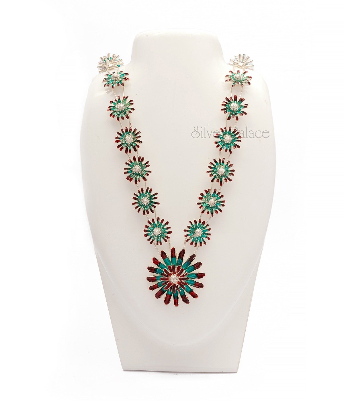 Green Enamelled 925 Silver Flower Mala For Pooja Purpose - Silver Palace