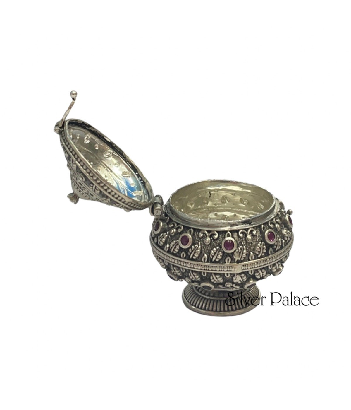 Oxidised Silver Kumkum Box With Pink Stone - Silver Palace