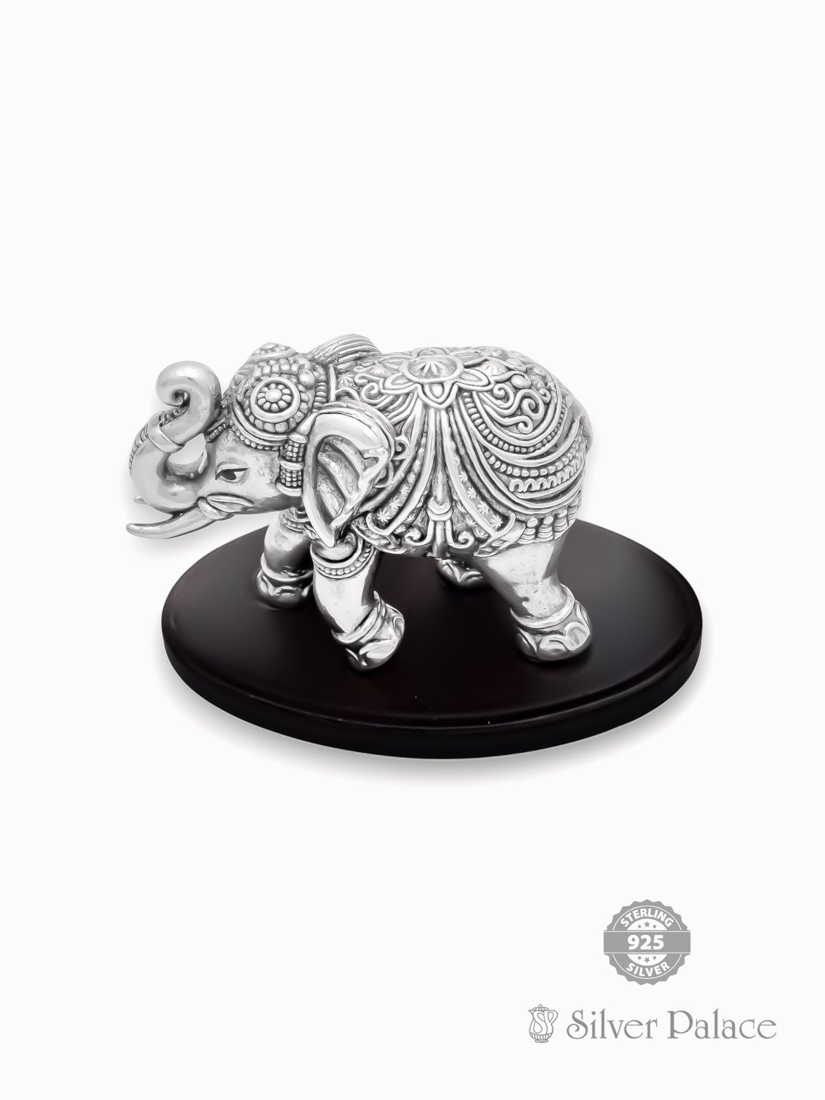 925 Oxidised Silver Elephant Idols With Wood Base - Silver Palace