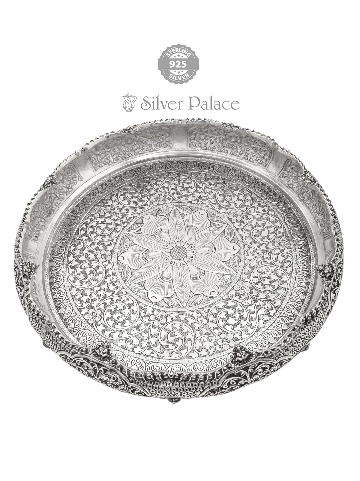 925 Oxidised Silver Floral Design Pooja Plate For Pooja Purpose ...