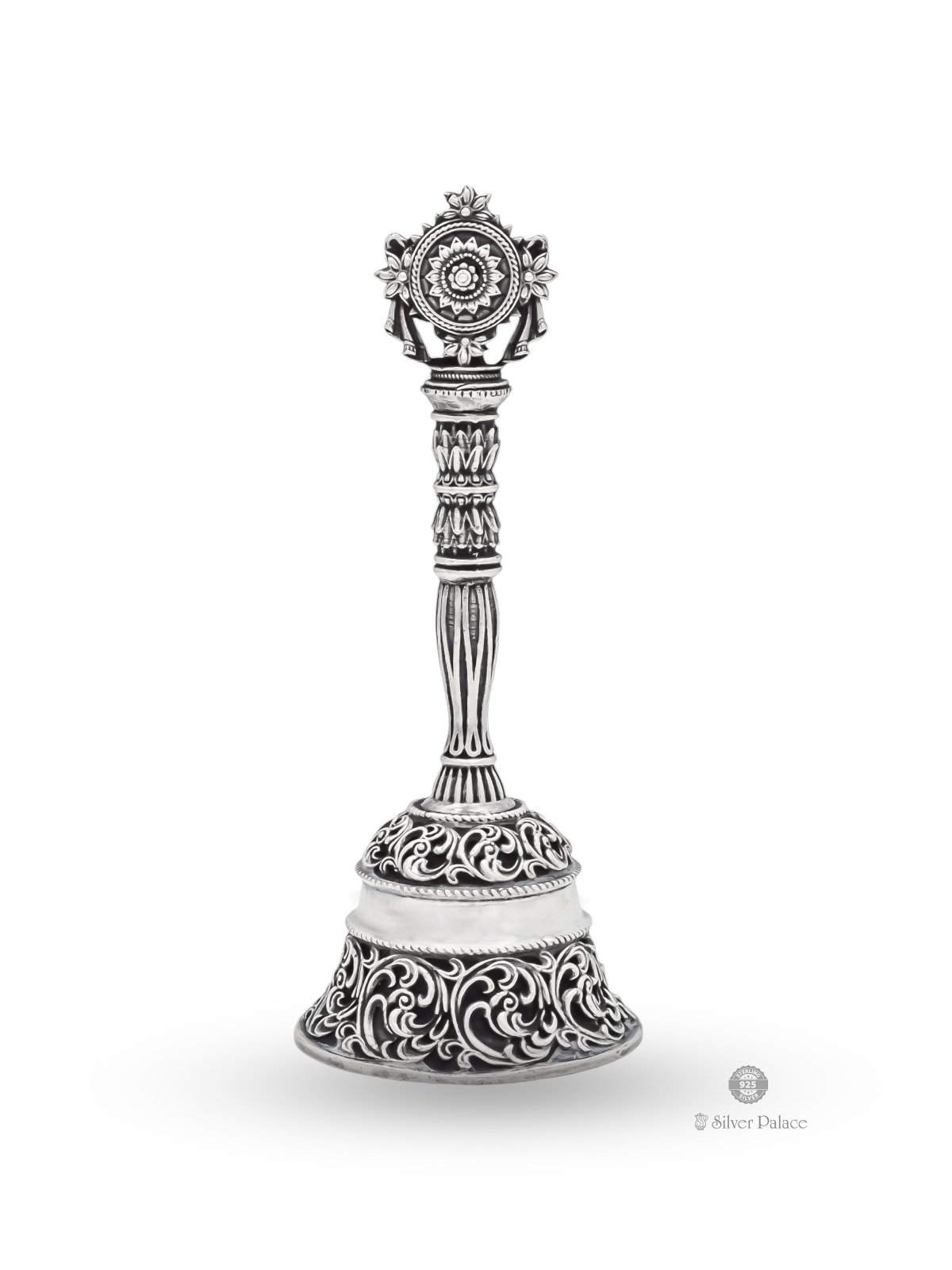 925 Sterling Silver Peacock Motif Bell For Pooja Room - Silver Palace