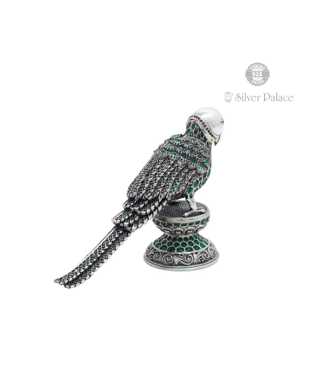Silver Antic Emerald Stone Studded Parrot For Showpiece - Silver Palace