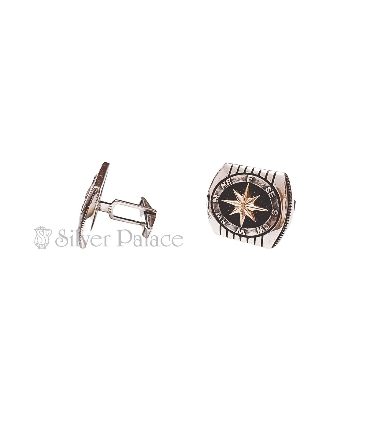 Oxidized Silver Mariner Compass Design Cufflinks For Men - Silver Palace