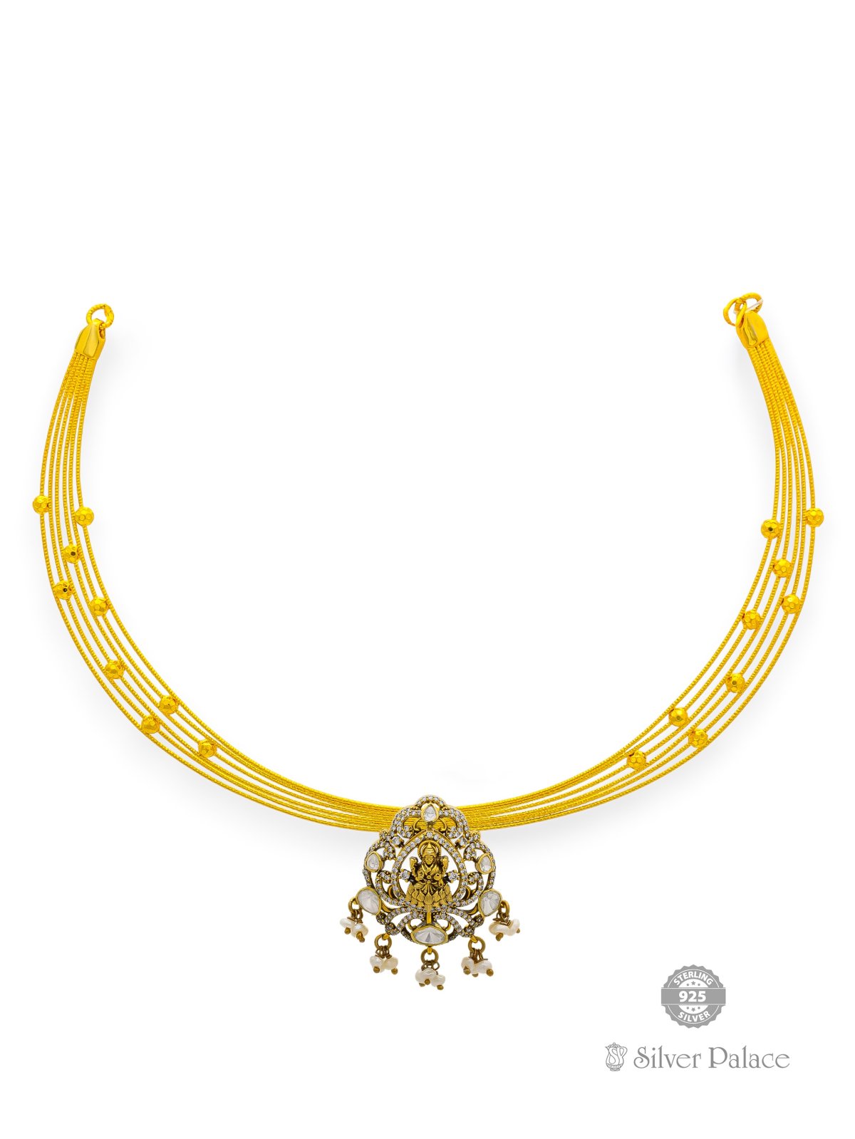 925 Silver Gold Polished Lakshmi With White Stone Pendant For Ladies ...
