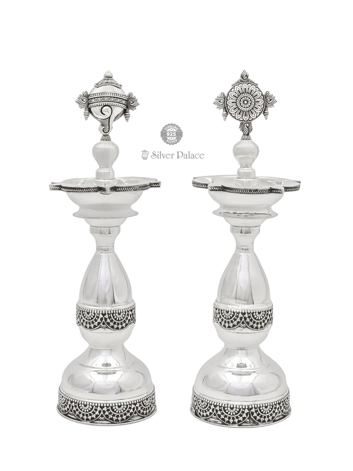 925 Silver Sangu Sakkaram Kutthu Vilakku With Floral Motif For ...