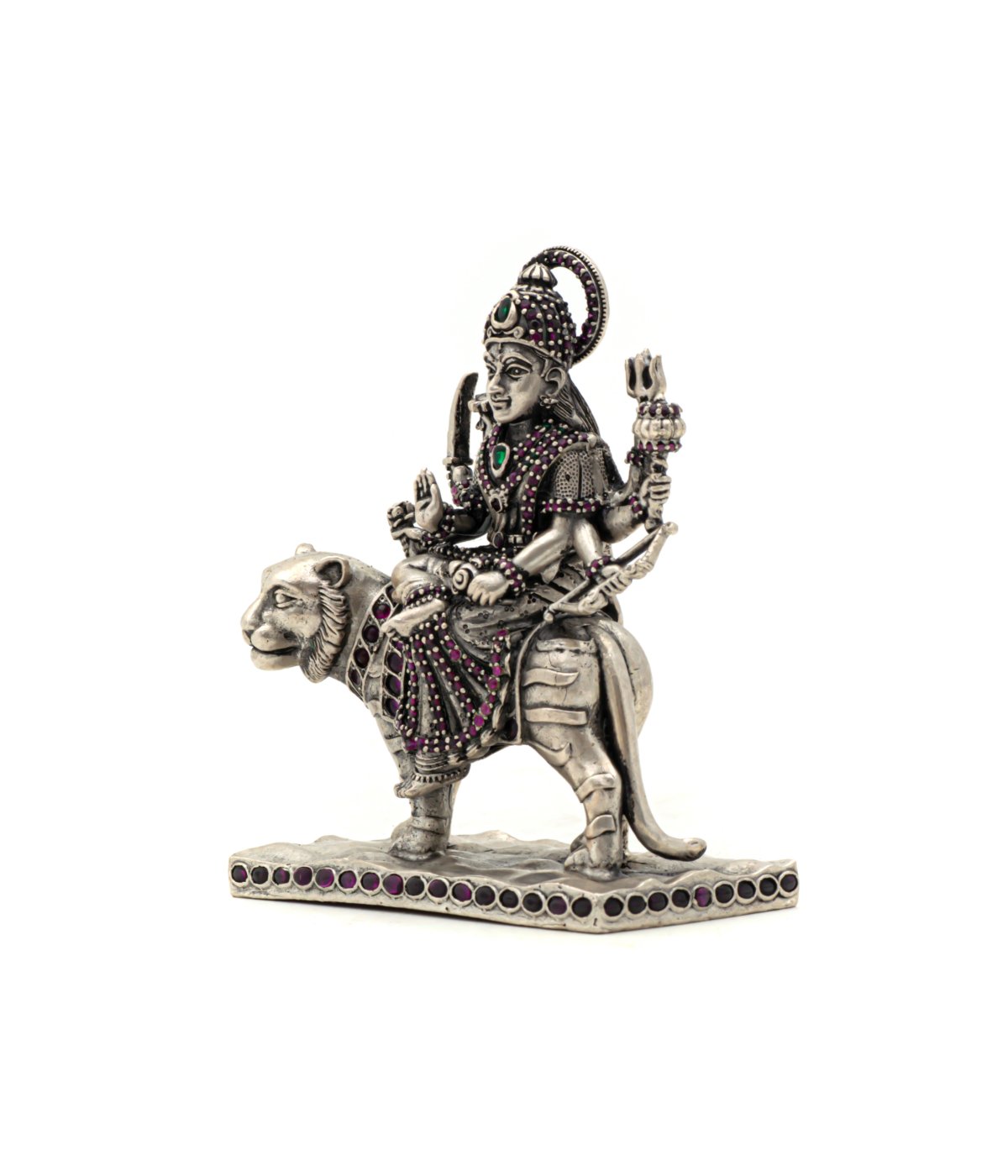 Antic Finish 925 Silver Durga Maa Sitting On Lion Idol With Ruby ...