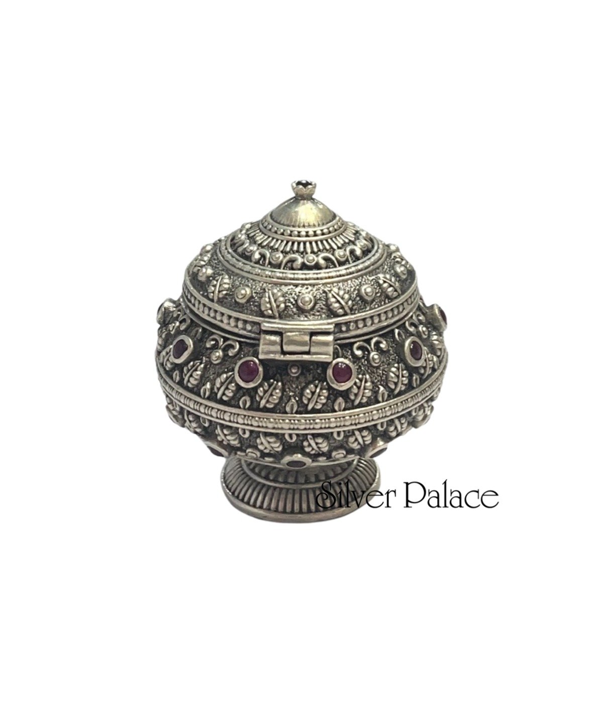 Oxidised Silver Kumkum Box With Pink Stone - Silver Palace