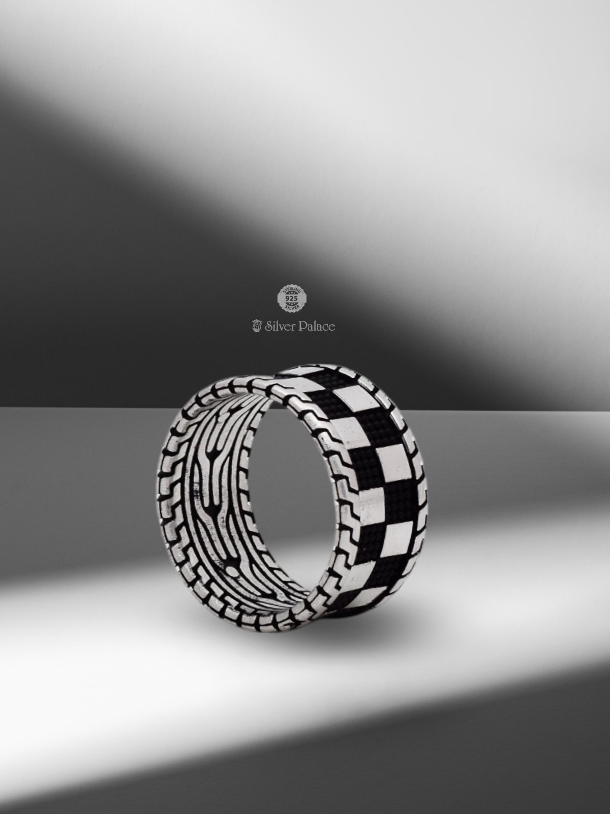 925 Oxidised Silver Checkered Ring For Mens Maan Collection - Silver Palace