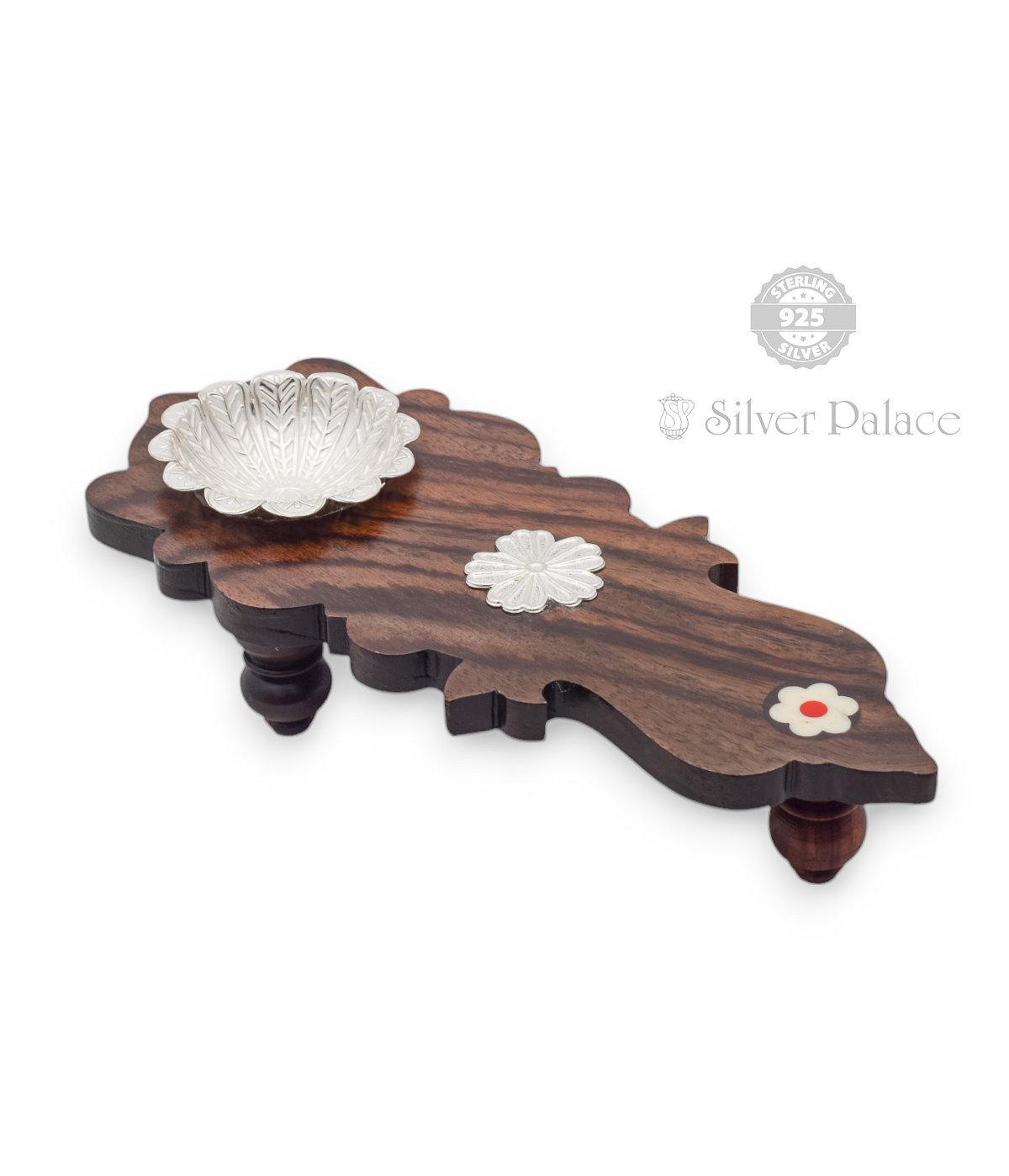 925 Pure Silver Flower Design Arthi Stand With Rose Wood Base - Silver ...
