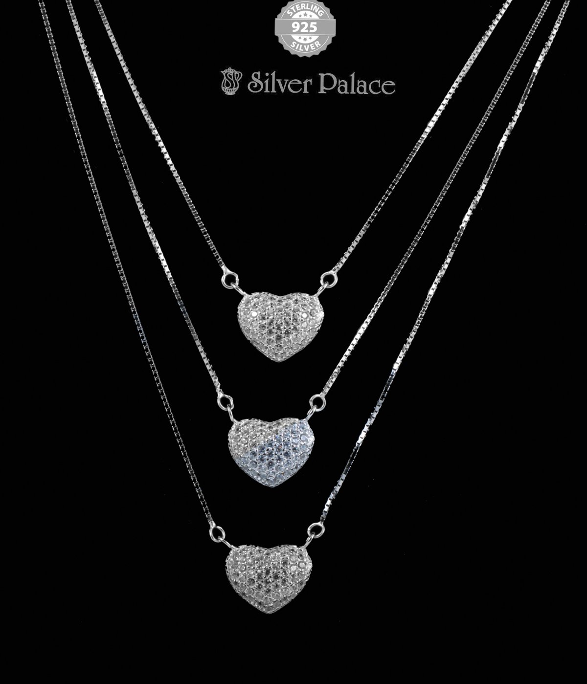 925 Sterling Silver 3 Layer Embedded Heart Design Chain For Valentines ...