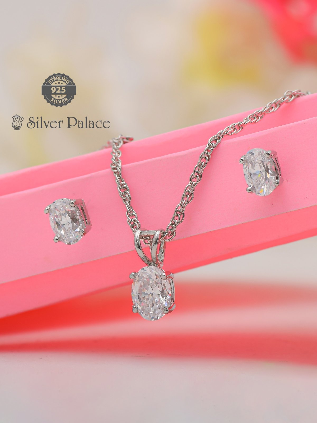 925 Sterling Silver Puya Collections Oval Type White Stone Pendants Set ...