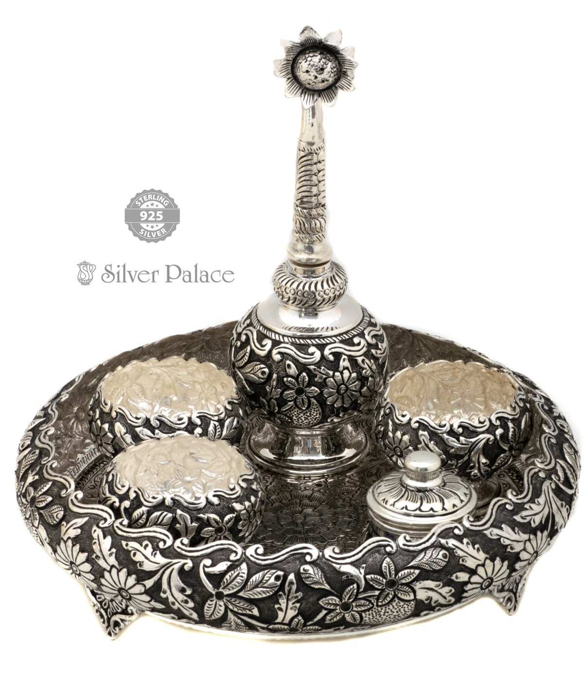 92.5 Sterling Silver Antic Paneer Kumkum Chandan Tray Set - Silver Palace