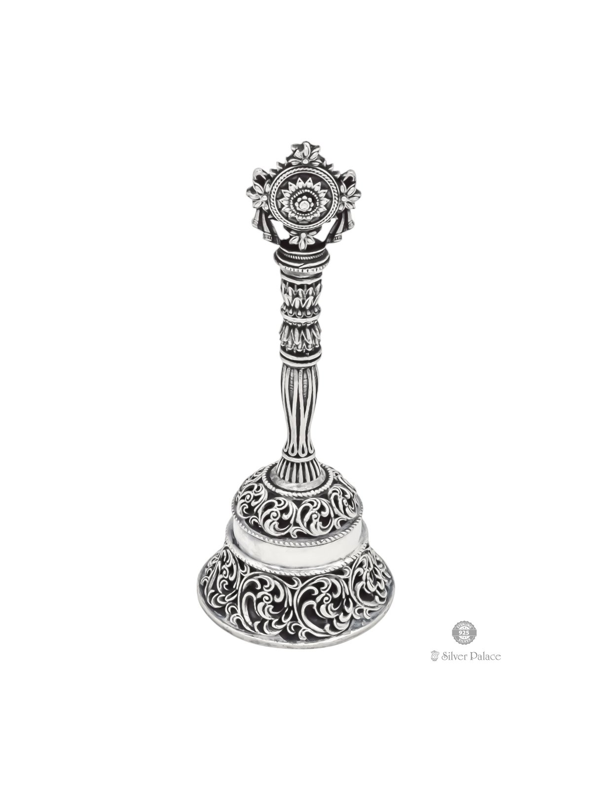 925 Oxidised Silver Sangu Sakkram With Floral Engraving Bell For Pooja ...