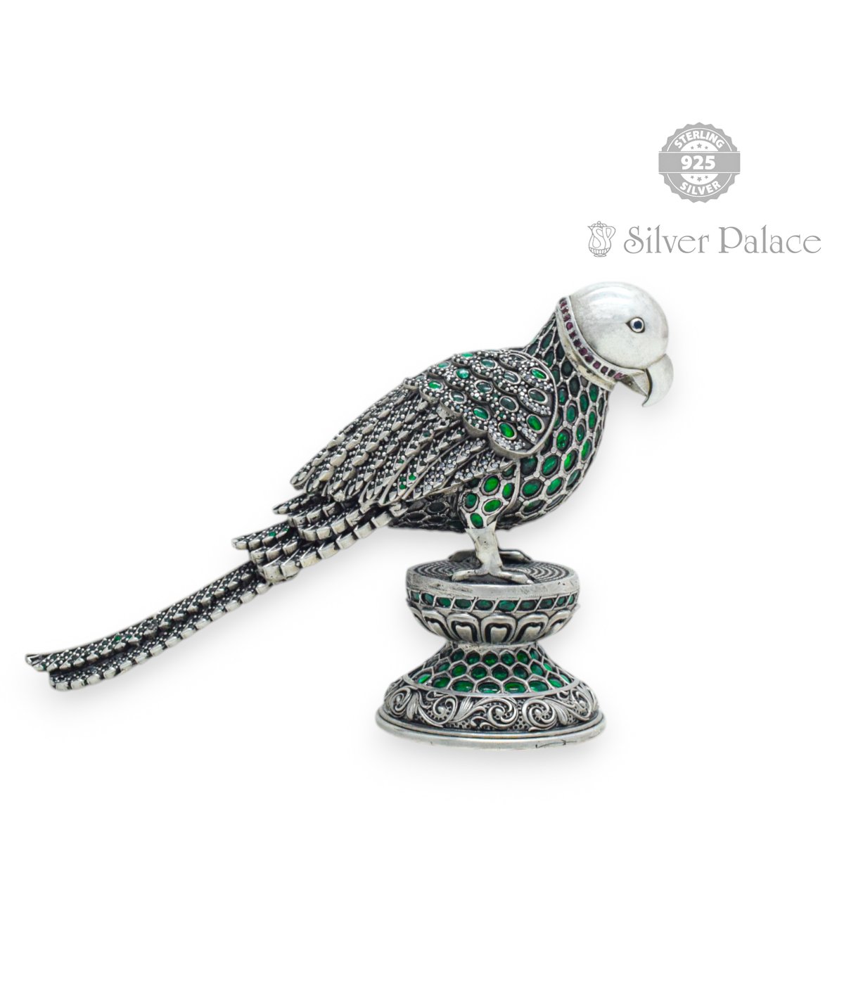 Silver Antic Emerald Stone Studded Parrot For Showpiece - Silver Palace