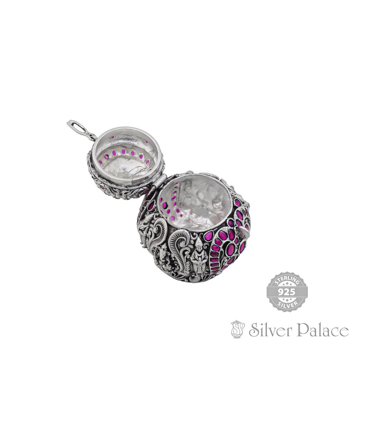 Pure Silver Ganeasha Design Ruby Stone Sindoor Box - Silver Palace