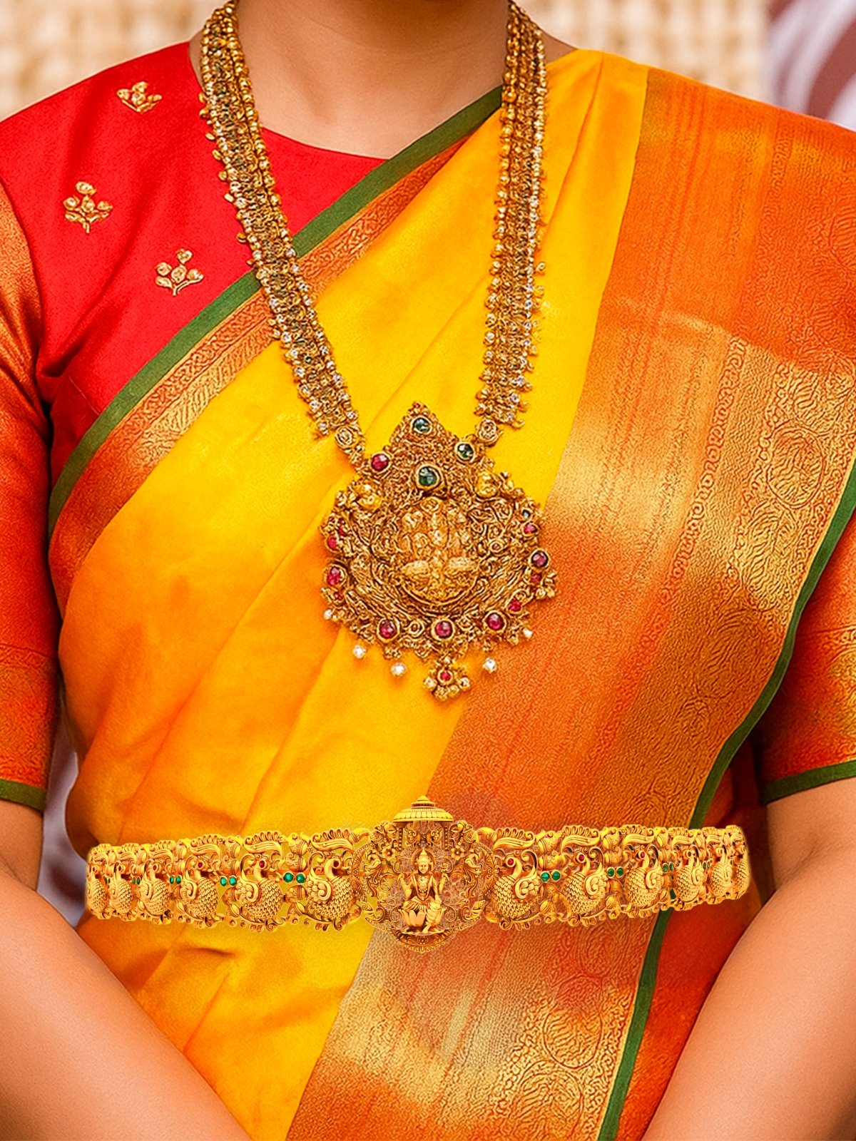 925 Silver Gold Polished Lakshmi With Swan Design Ottiyanam For Women ...