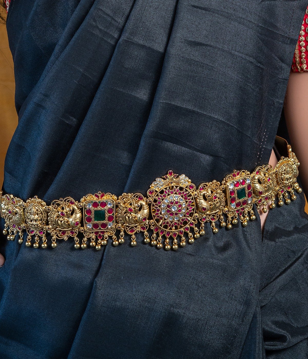 Silver Anite Collection Gold Plated Pink Green Stone Ottiyanam - Silver ...