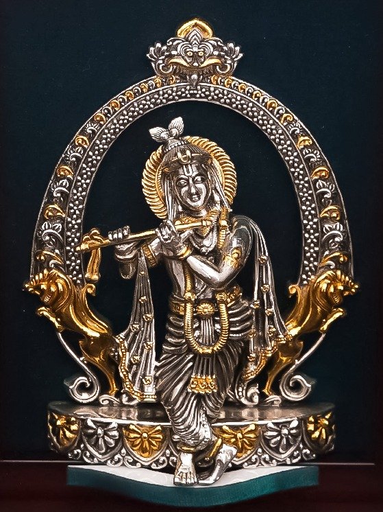 925 Silver Gold Polished Mandapam Krishna Photo Frame - Silver Palace