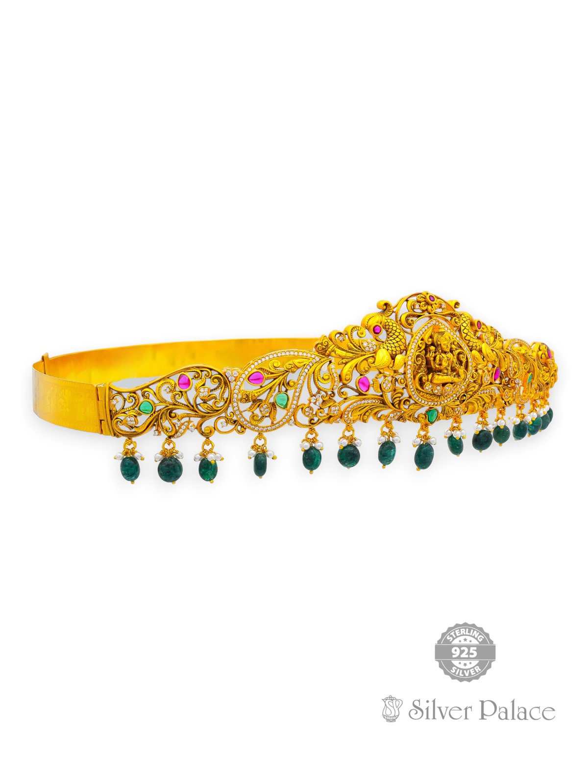 925 Silver Gold Polished Lakshmi With Green Beads Ottiyanam For Girls ...